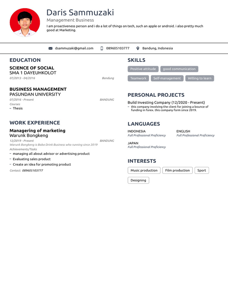 Marketing Manager Profile - Daris Sammuzaki | PDF