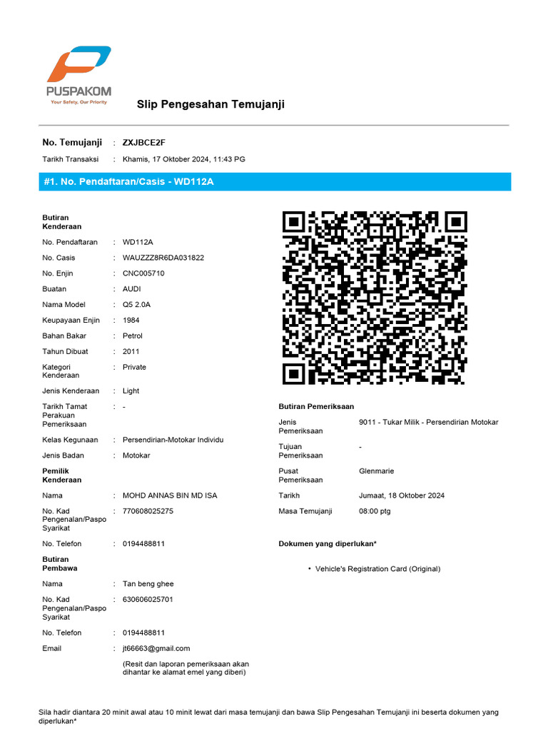 Slip Pengesahan Temujanji: #1. No. Pendaftaran/Casis - WD112A | PDF