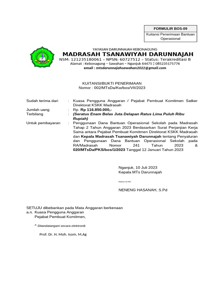 Kuitansi BOS MTs Darunnajah 2023 | PDF