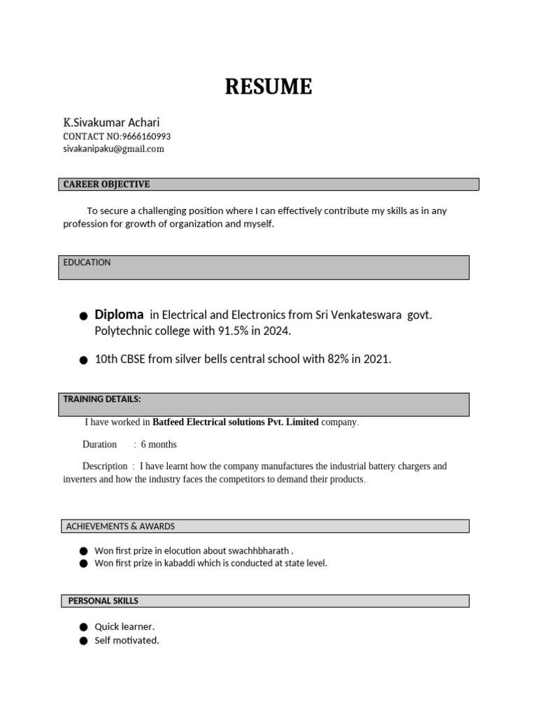 K. Sivakumar Achari's Resume | PDF