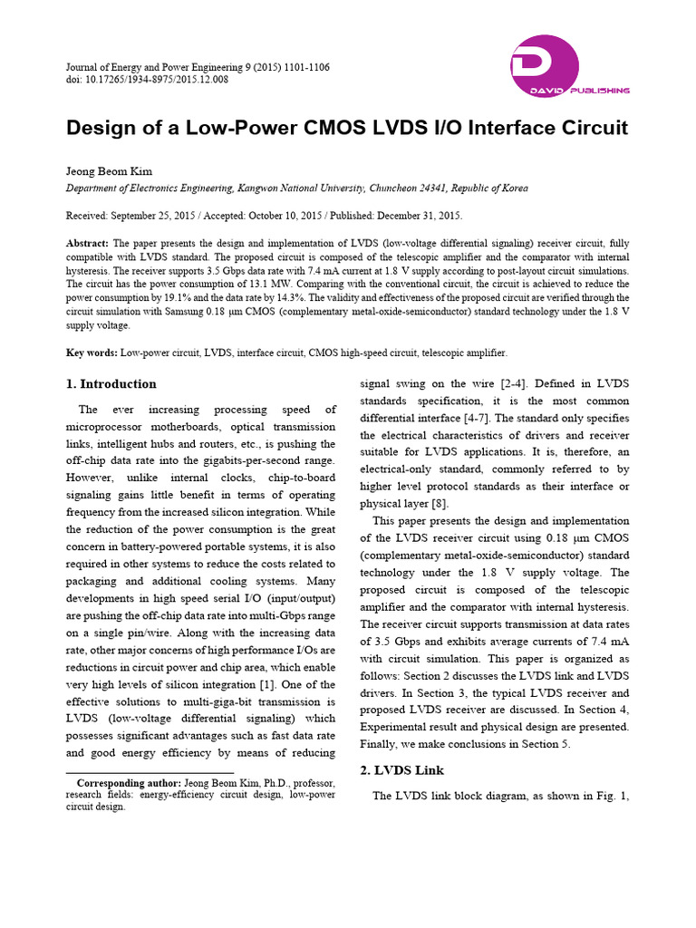 Design of A Low-Power CMOS LVDS I/O Interface Circuit | PDF | Amplifier | Cmos