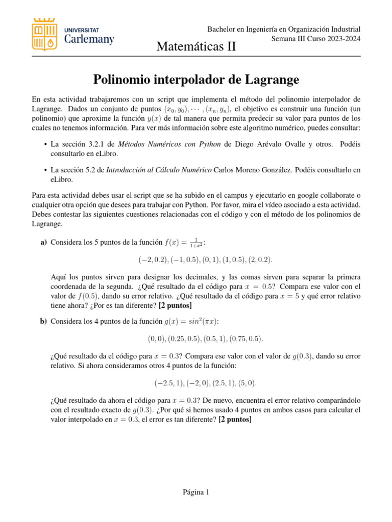 Polinomio Interpolador de Lagrange | PDF | Análisis numérico | Función (Matemáticas)