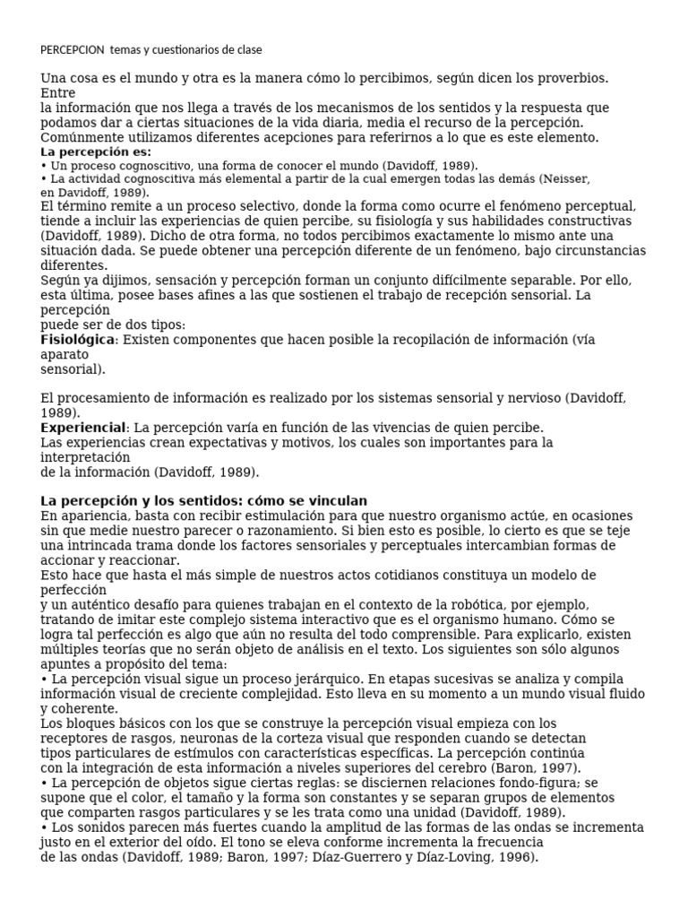 PERCEPCIÓN temas y cuestionarios de clase | PDF | Percepción | Sentidos