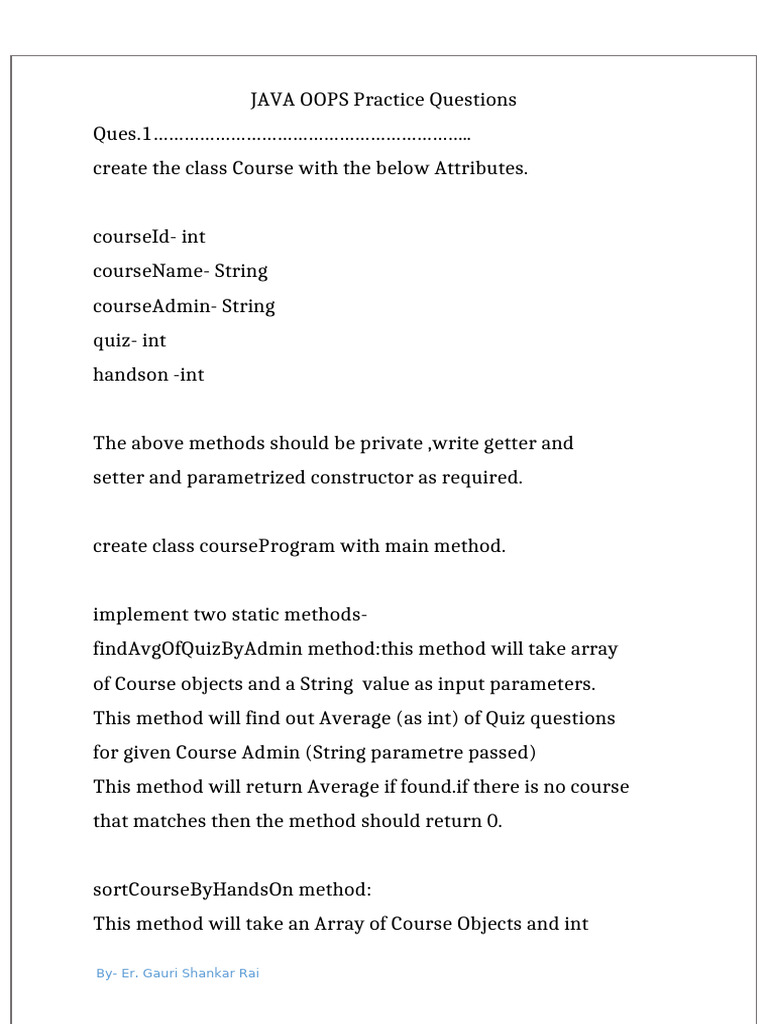 JAVA OOPS Practice Questions | PDF | Method (Computer Programming) | Parameter (Computer ...