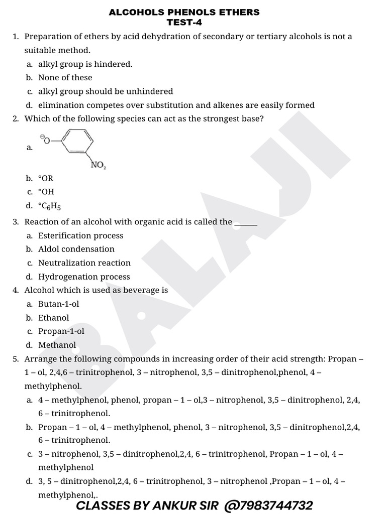 Alcohols Phenols Ethers Test | PDF | Ether | Organic Chemistry