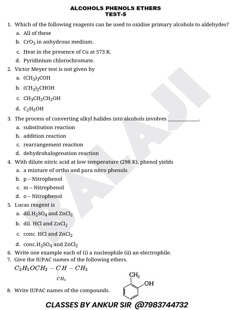 Alcohols Phenols Ethers Test | PDF | Science & Mathematics
