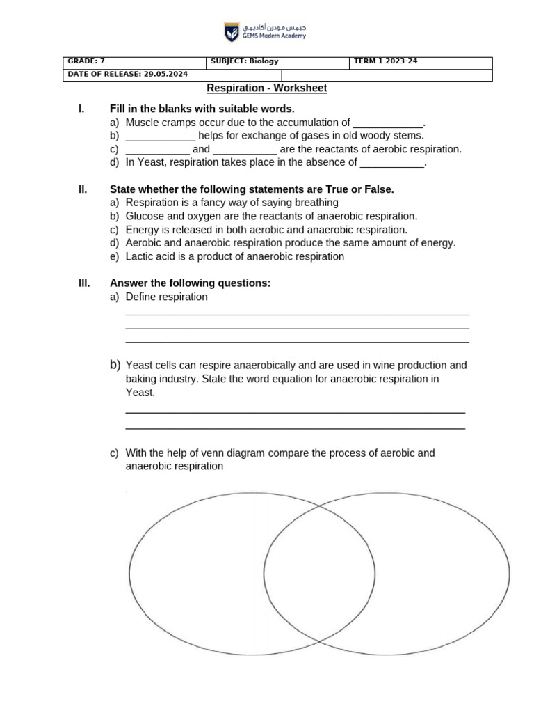 Grade 7 Biology: Respiration Worksheet | PDF | Teaching Methods ...
