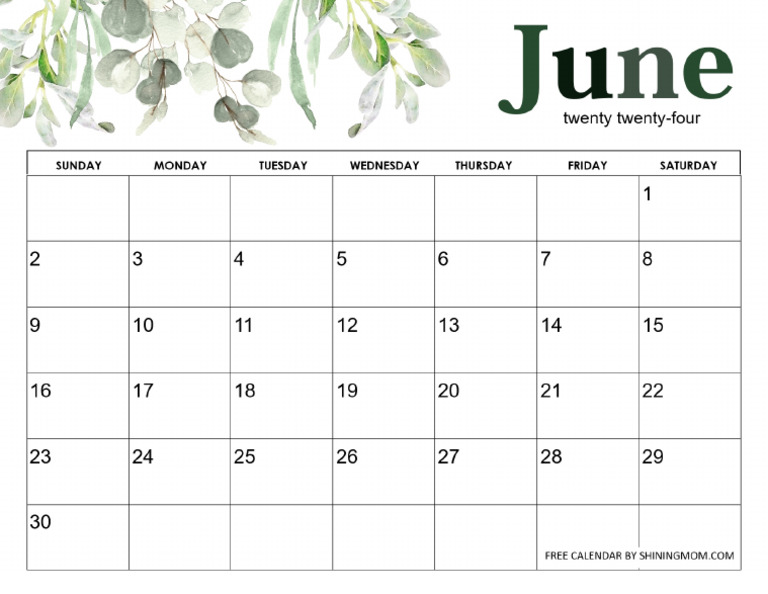 Green June 2024 Calendar by Shining Mom | PDF