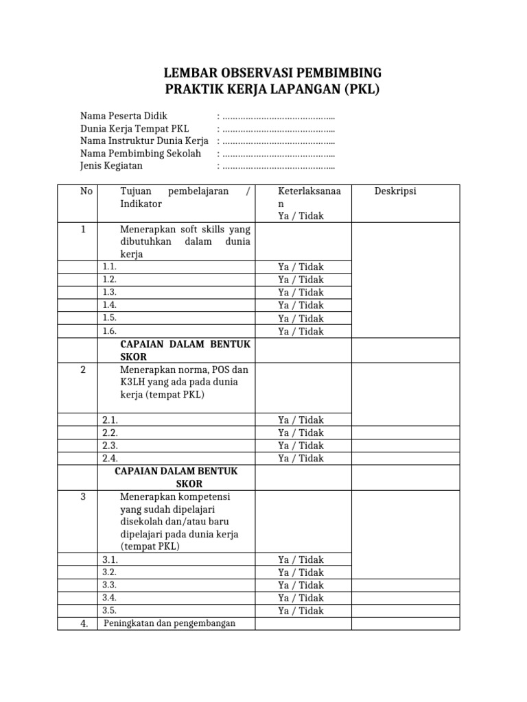 Lembar Observasi Pembimbing PKL 2024 | PDF | Bisnis | Komputer