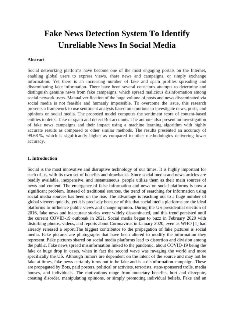 Fake News Detection System To Identify Unreliable News in Social Media | PDF | Social Media ...