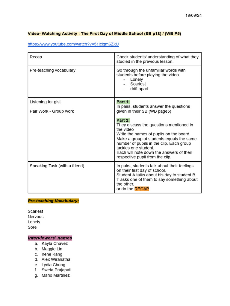 Video - Watching Activity - The First Day of Middle School (SB p18 ...