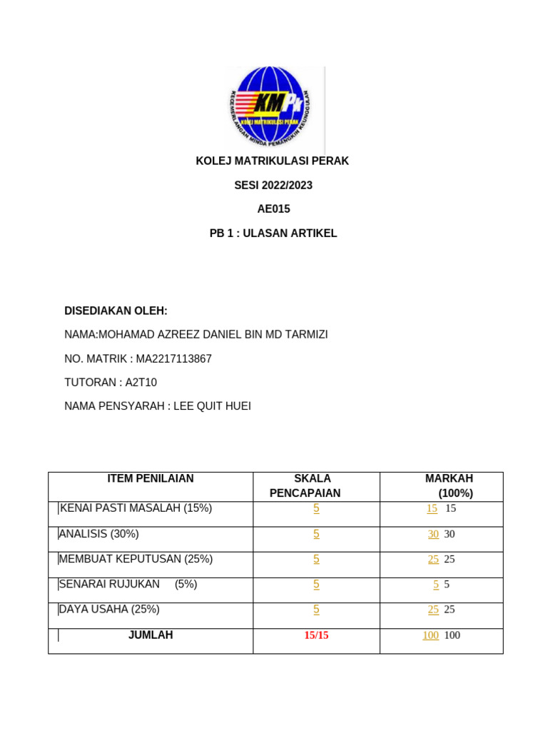 Contoh PB 1 Ulasan Artikel 2223 | PDF