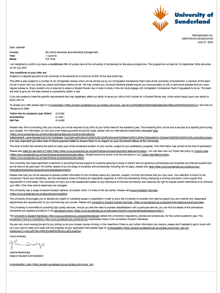 Conditional Offer by Sunderland | PDF | Fee | Travel Visa