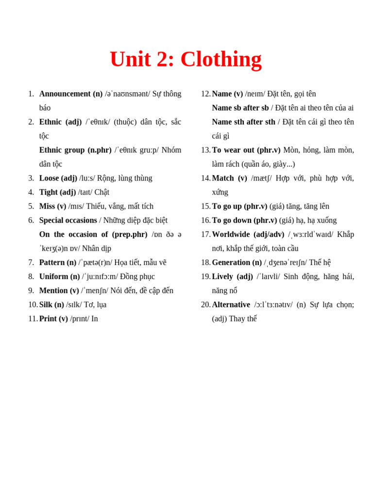 Vocabulary G9 - U2 - E | PDF