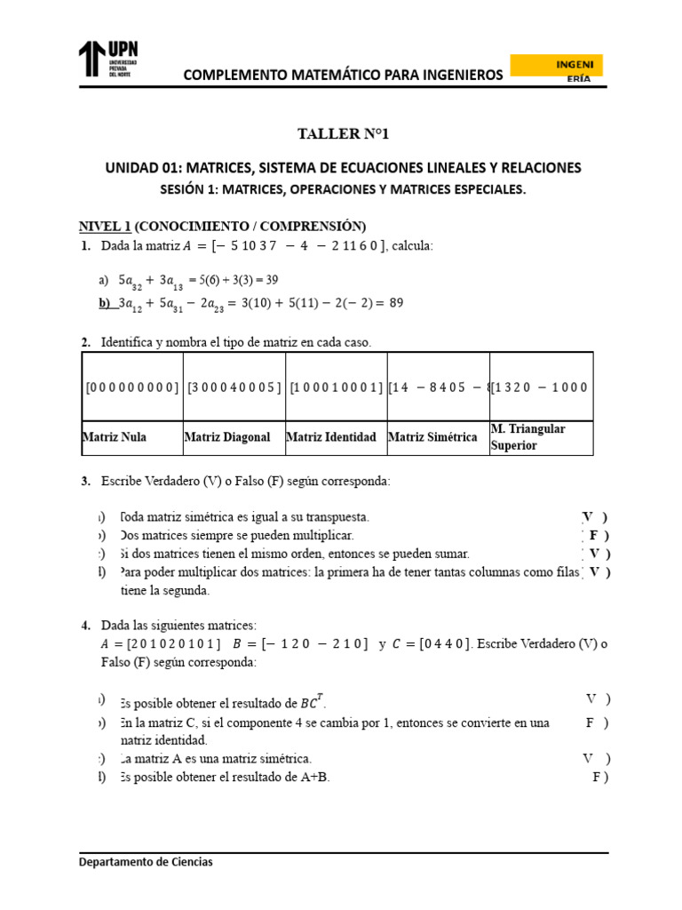 Complemento Matemático para Ingenieros: Sesión 1: Matrices, Operaciones Y Matrices Especiales ...