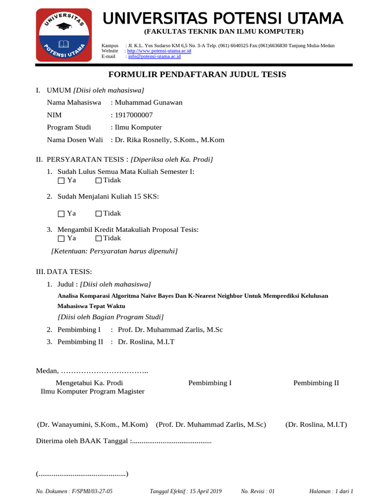 Formulir Pendaftaran Judul Tesis (F-SPMI-27-05) PRINT Grayscale | PDF ...