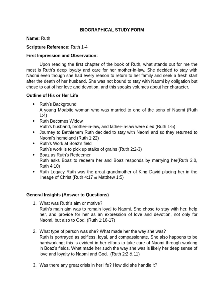 Biographical Study Form | PDF | Ruth (Biblical Figure) | Book Of Ruth