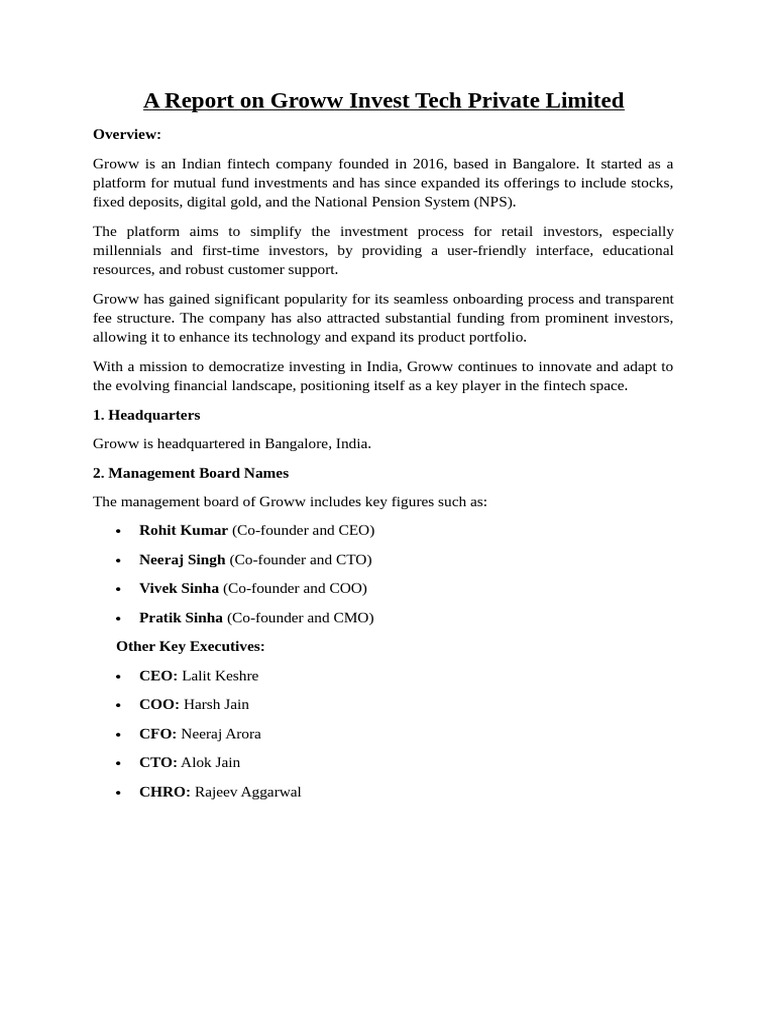 A Report On Groww Invest Tech Private Limited | PDF | Exchange Traded ...