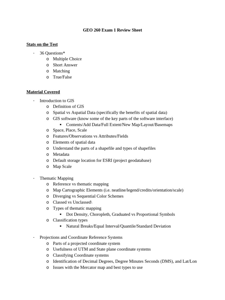 GEO 260 Exam 1 Review Sheet | PDF | Geographic Information System ...