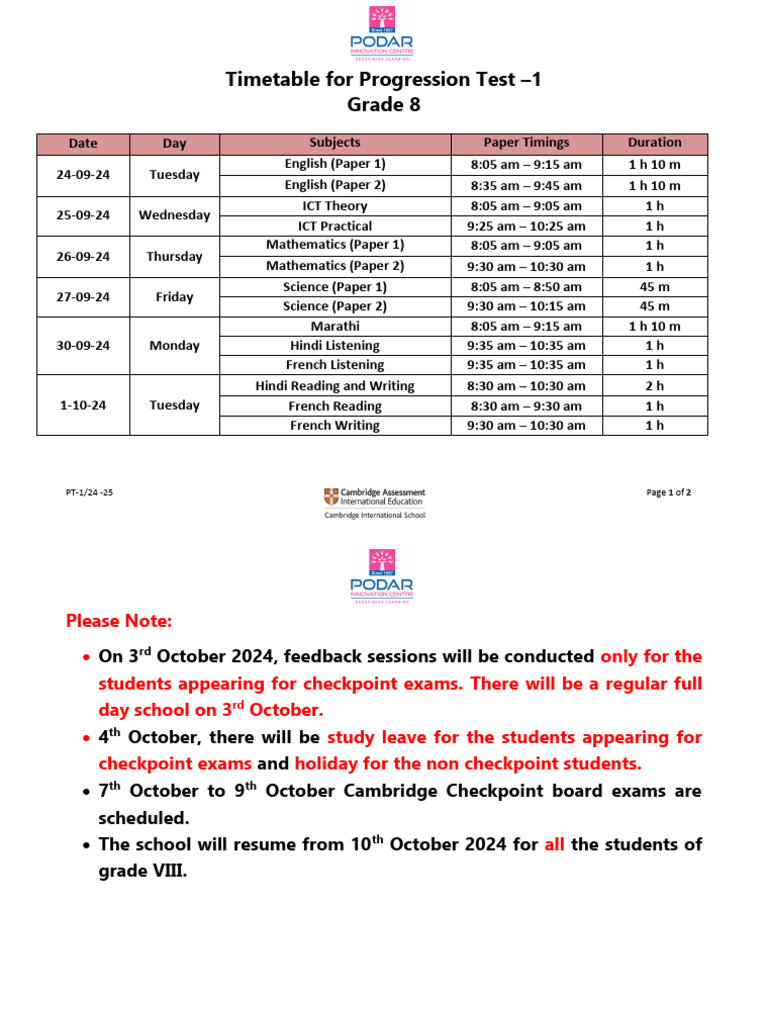 Revised Grade 8 - Progression Test 1 Time Table | PDF | Foreign ...