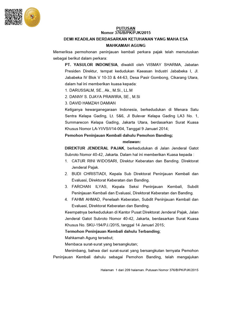 Putusan PK Pajak PT Yasulor 2015 | PDF