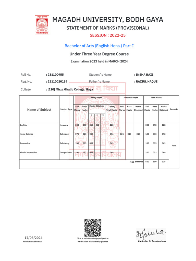 Marksheet - Magadh University, Bodh Gaya | PDF