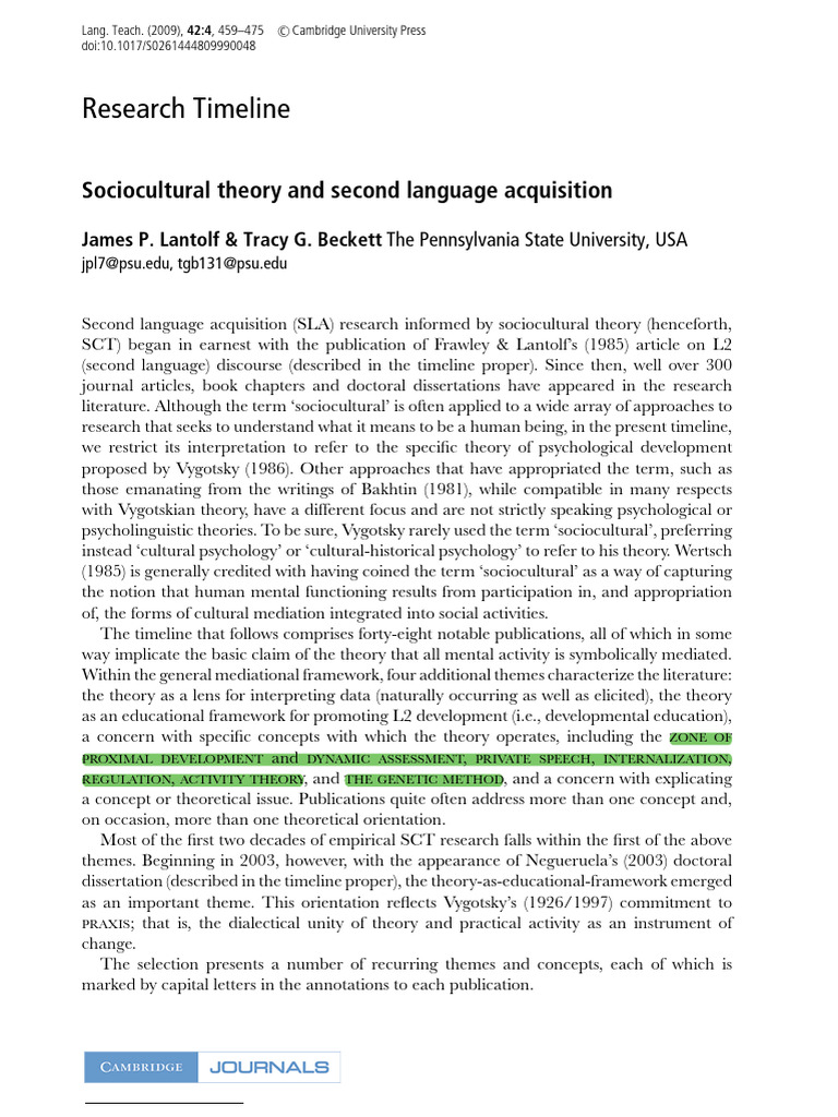 Lantolf, J. P., & Beckett, T. G. (2009) - Sociocultural Theory and Second Language Acquisition ...