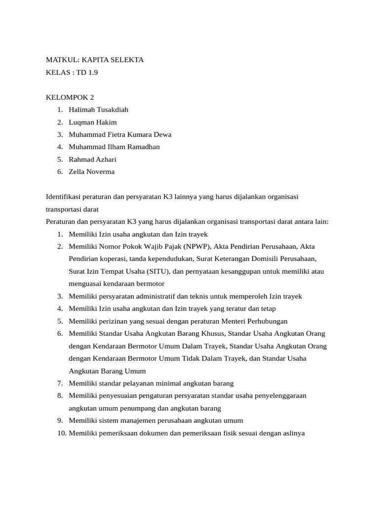 Persyaratan K3 untuk Transportasi Darat | PDF | Bisnis