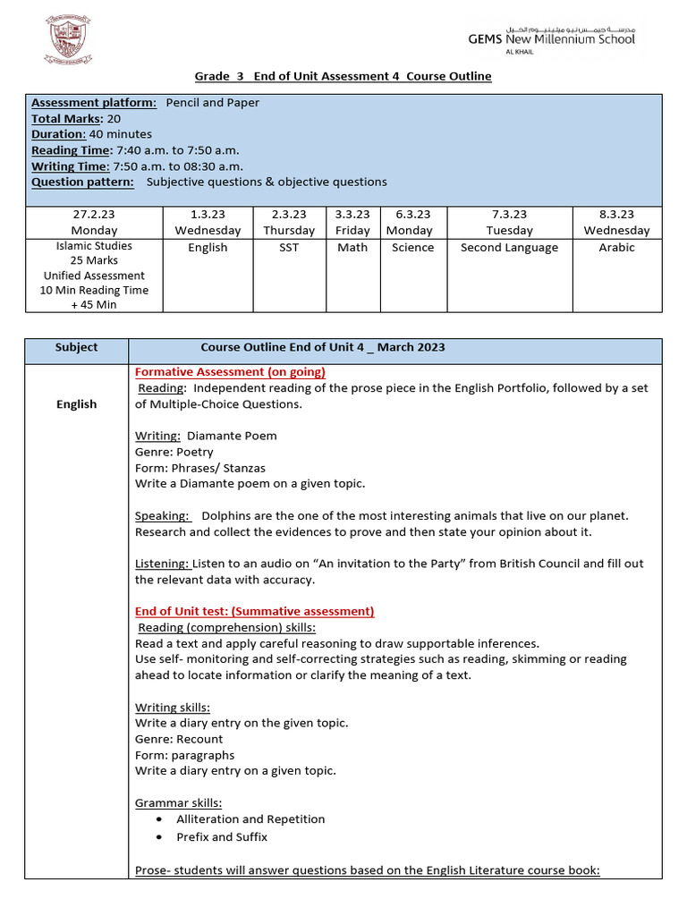 1) GRADE 3 EOU 4 Course Outline 2022 23 | PDF | Reading Comprehension ...