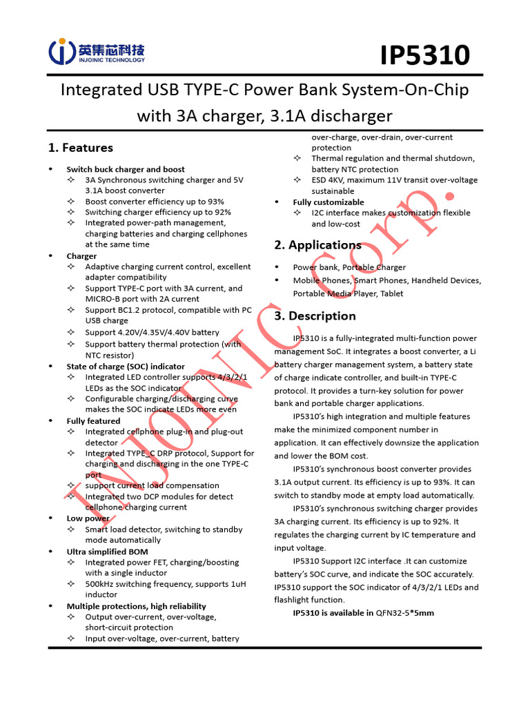 Integrated USB TYPE-C Power Bank System-On-Chip With 3A Charger, 3.1A ...