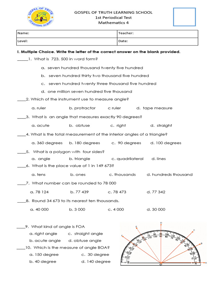 1st Periodical Test Math 4a | PDF