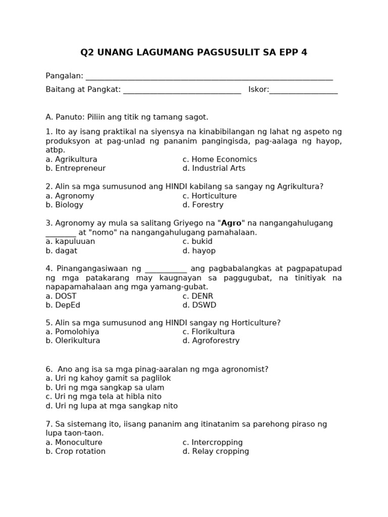 Q2-W1-W2-Unang Lagumang Pagsusulit Sa Epp 4 | PDF