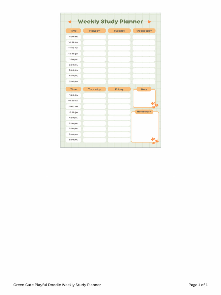 Green Cute Playful Doodle Weekly Study Planner | PDF