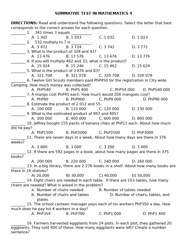 Mathematics 4 Summative Test Questions | PDF | Cognition | Cognitive ...
