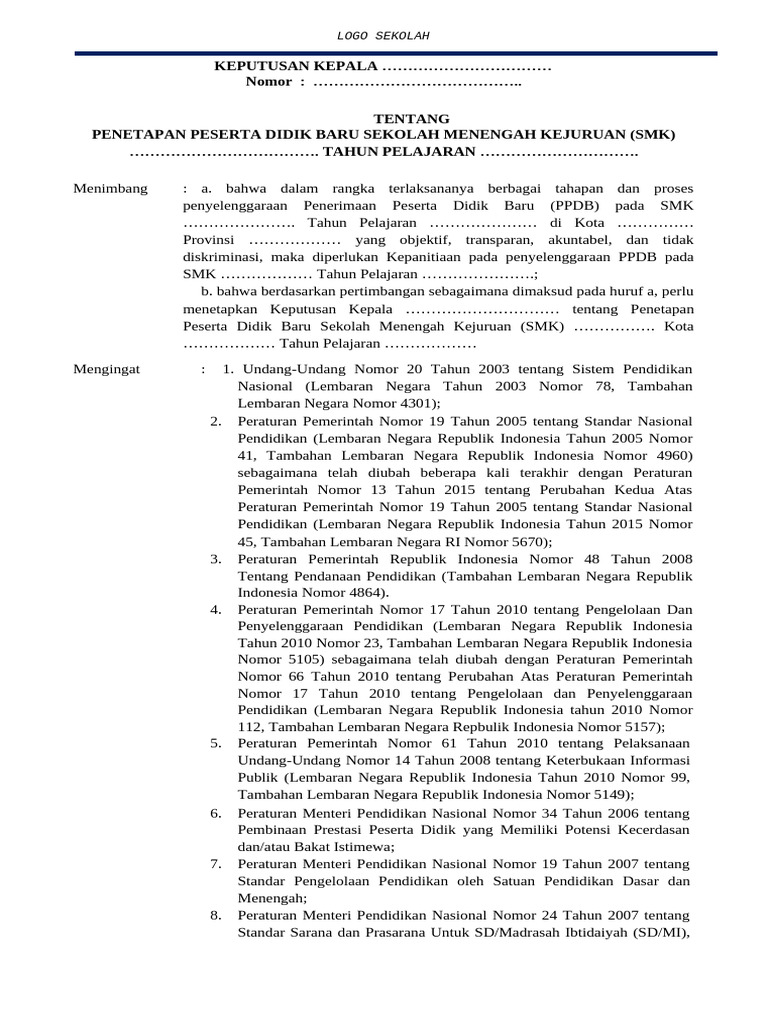 SK Penetapan Siswa Baru | PDF