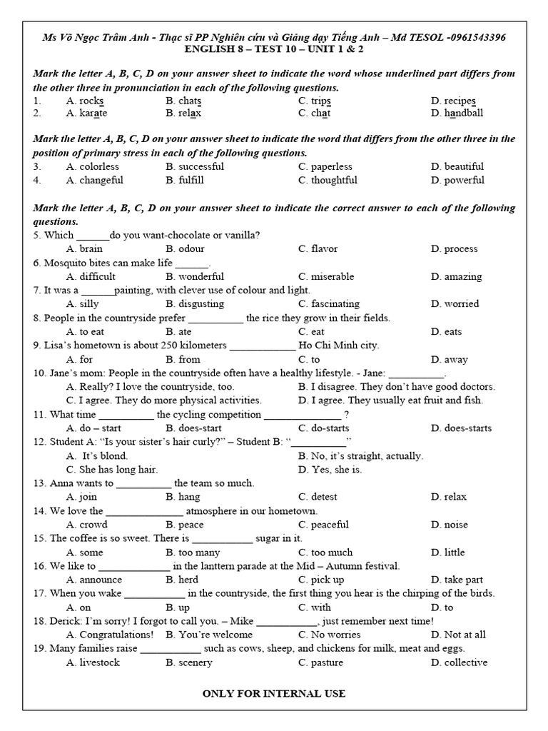 Eng8 U1 - U2 - T10 (HS) - Form 40 Câu | PDF | Kiss