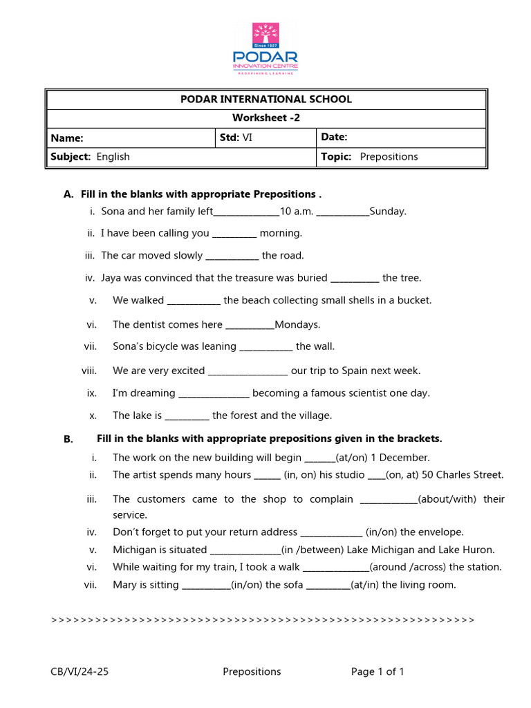 Prepositions Worksheet for Grade VI | PDF | Travel | Foreign Language ...