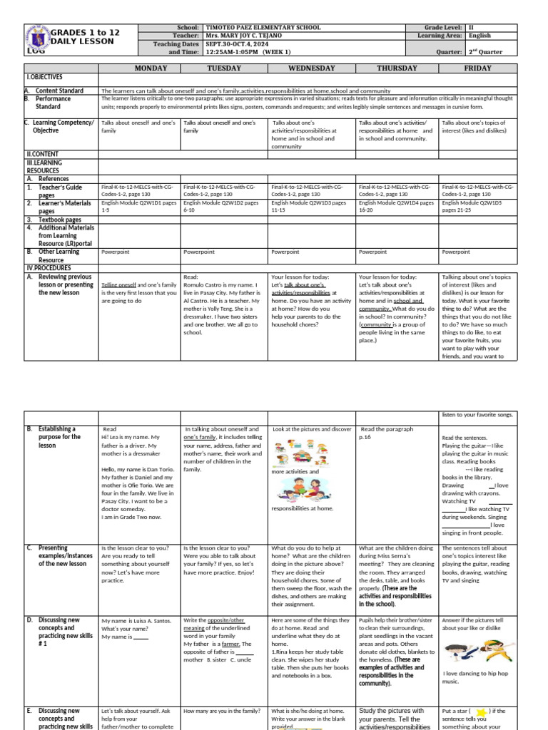 Q2W1 DLL English | PDF | Learning | Teachers