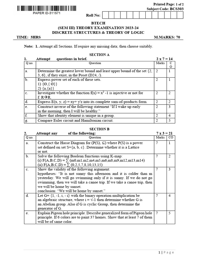 BCS303 Discrete Structures Theory of Logic | PDF | Mathematical Logic | Mathematics