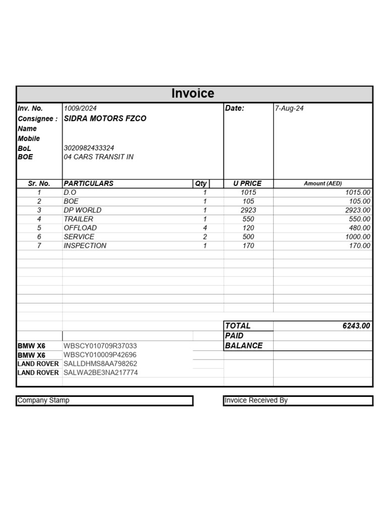 Invoice: Date: Sidra Motors Fzco | PDF | Technology & Engineering