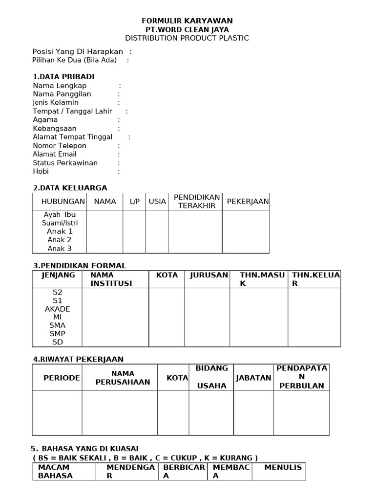 Formulir Lamaran Kerja PT Word Clean Jaya | PDF | Kesehatan Holistik