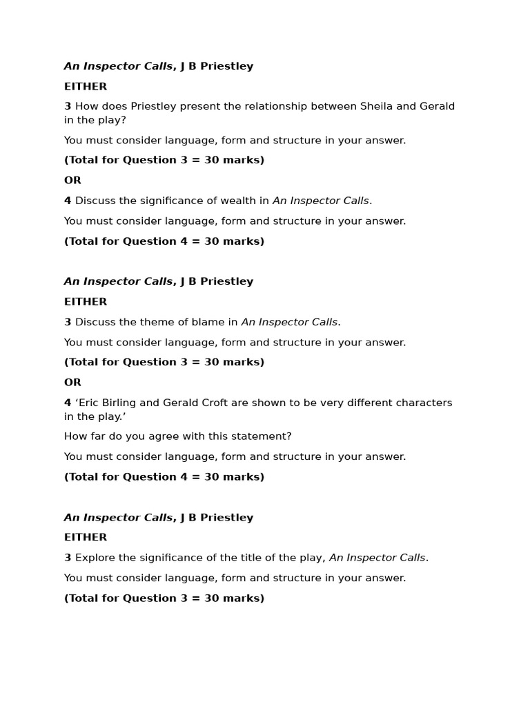An Inspector Calls Edexcel Past IGCSE Questions | PDF | Foreign ...