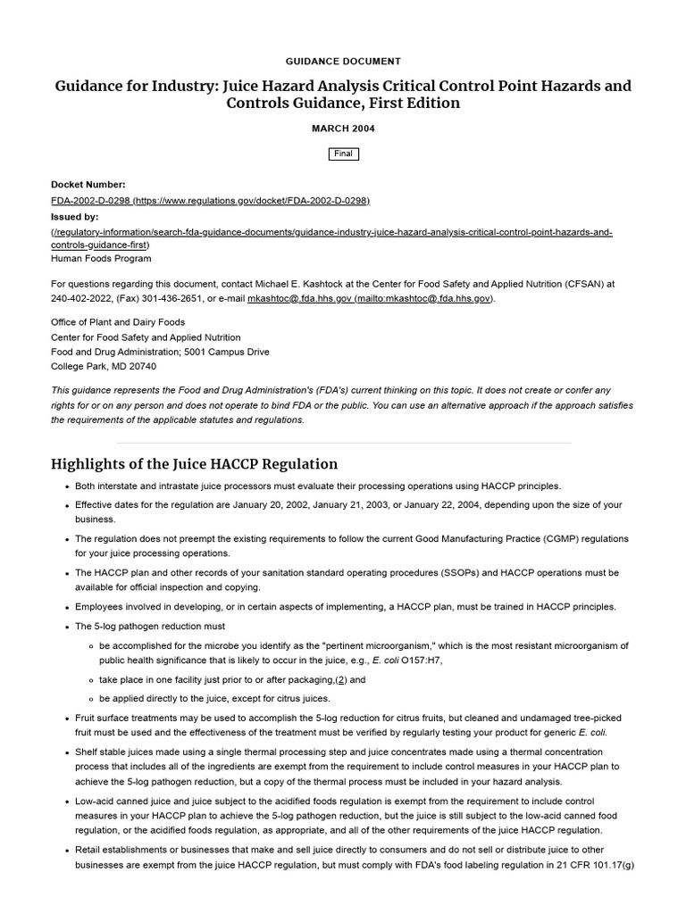 Guidance For Industry - Juice Hazard Analysis Critical Control Point ...