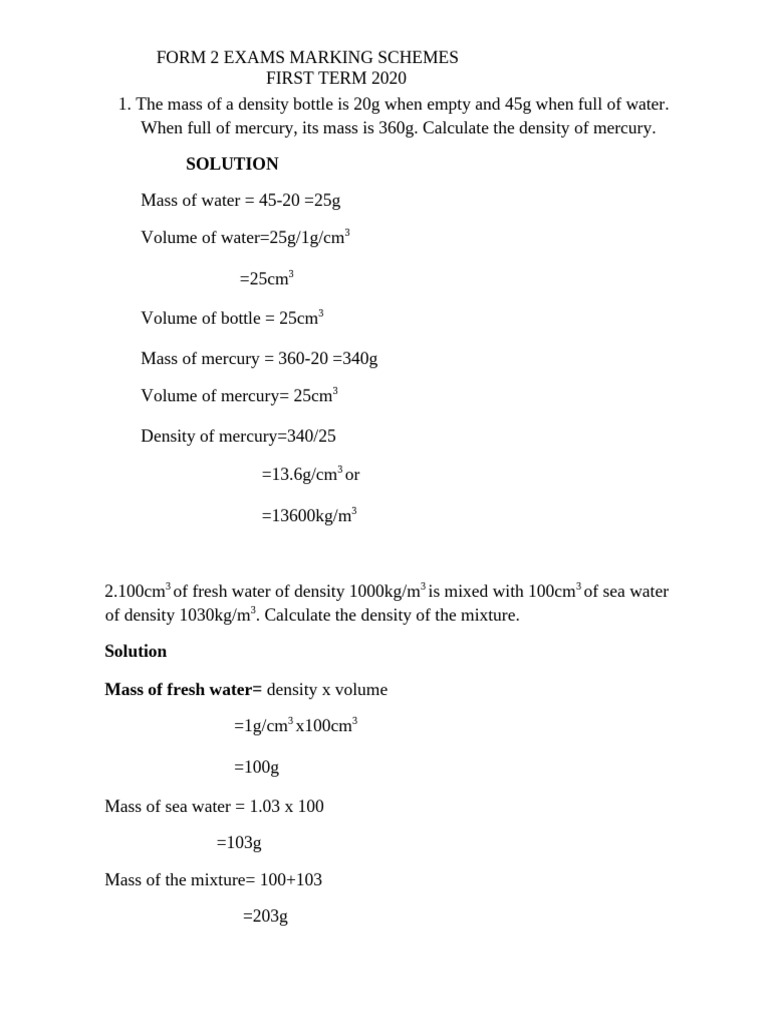 Form 2 First Term Exam Solutions | PDF | Density | Applied And ...