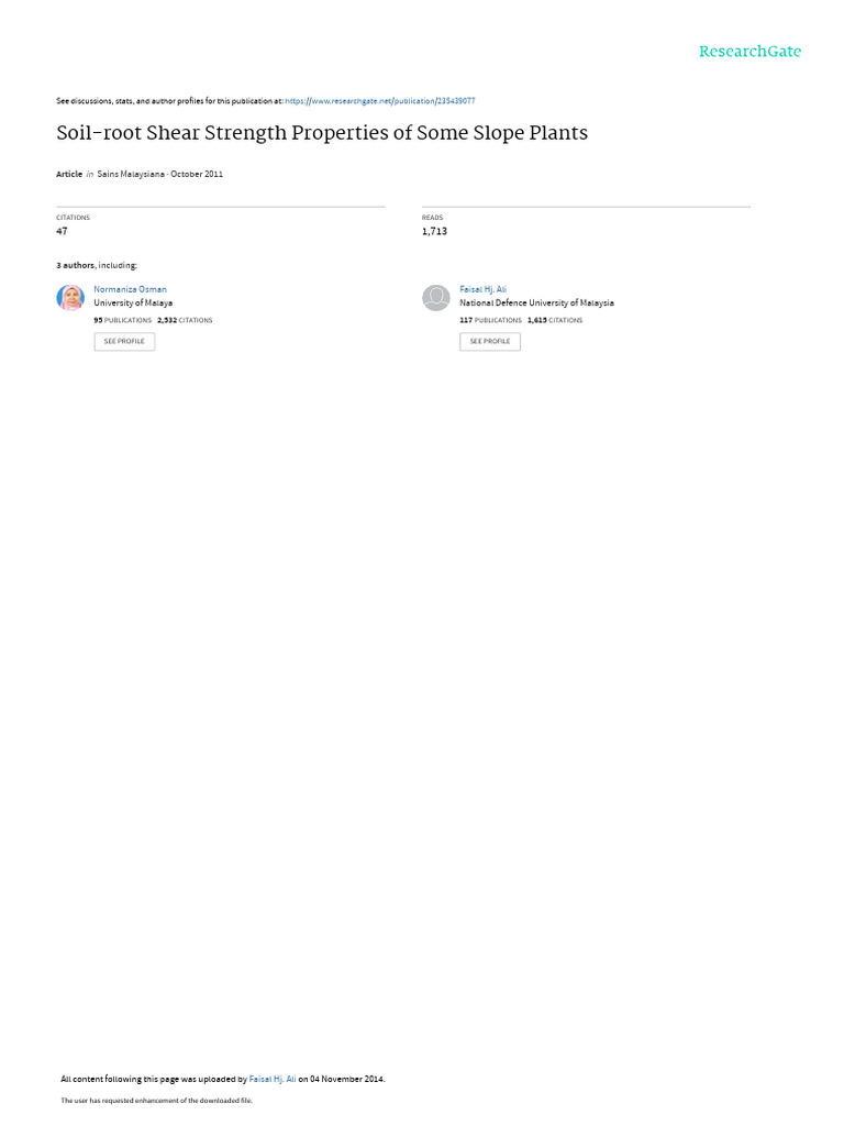 Soil-Root Shear Strength Properties of Some Slope | PDF | Root | Soil