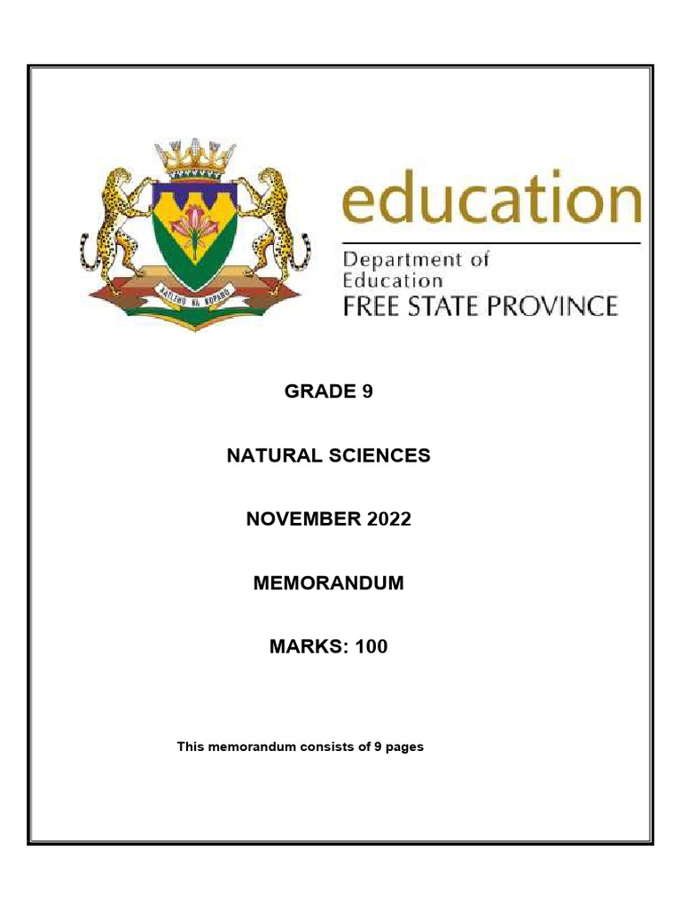 Natural Sciences Grade 9 November 22 Memorandum 1669286261 | PDF ...