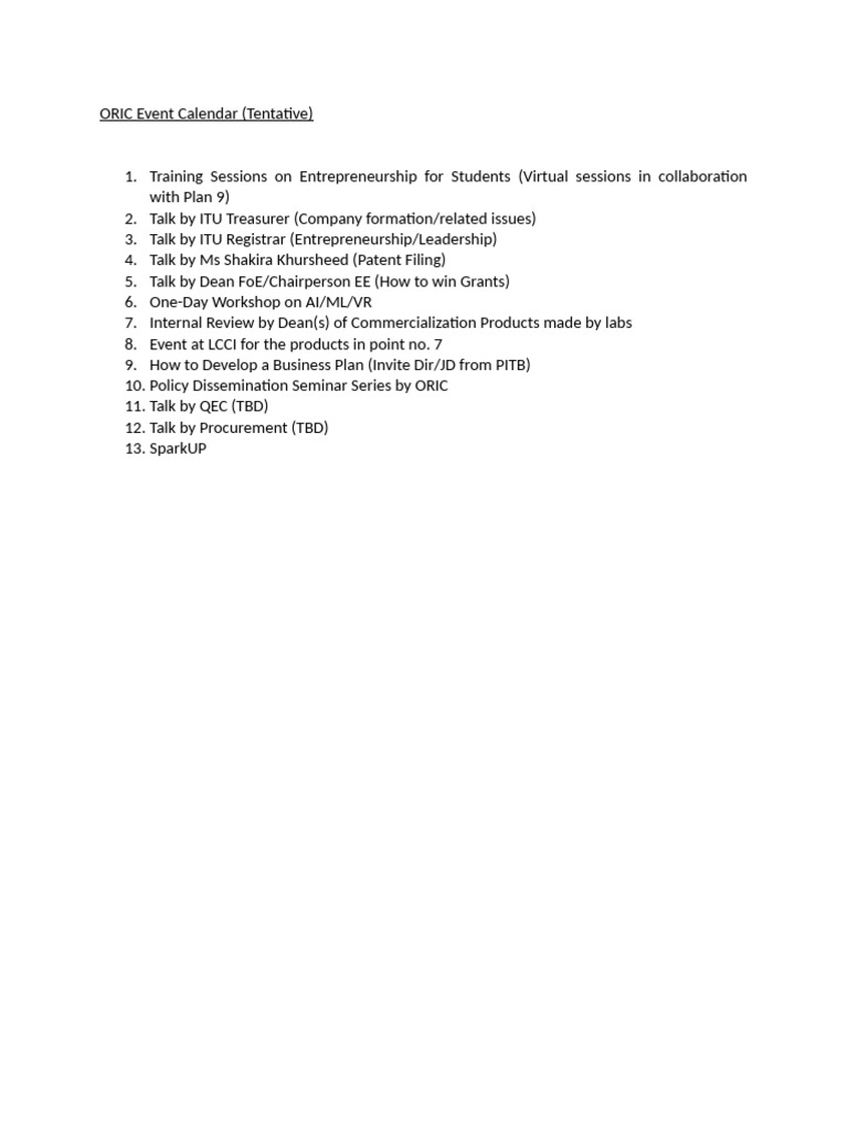 ORIC Event Calendar - Tentative | PDF