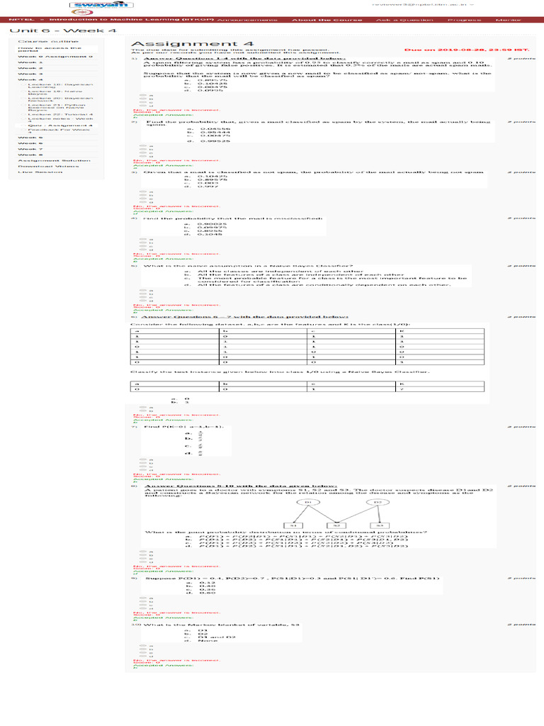 ML Assignment Week 4 2019 Nptel | PDF | Bayesian Network | Statistics