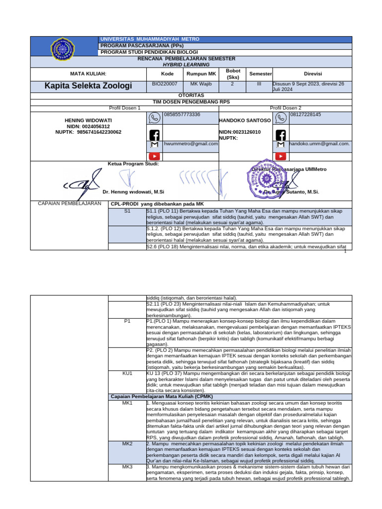 RPS Hybrid Learning - MK KAPISELZOO - Dengan 6 Komponen Evaluasi - Isian Hening W | PDF
