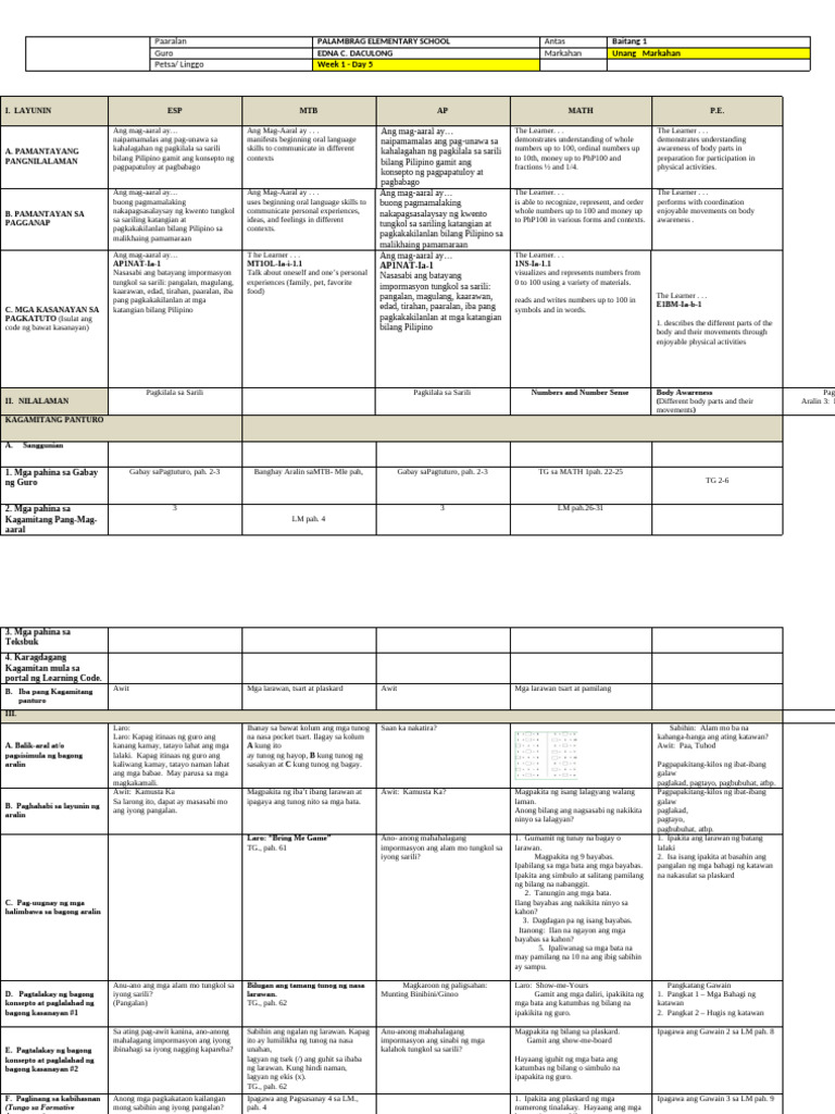 Grade 1 DLL All Subjects Q1 Week 1 Day 5 | PDF